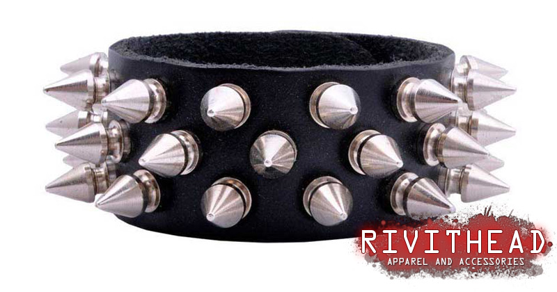 Leather Wristband with Three Offset Rows of Spikes