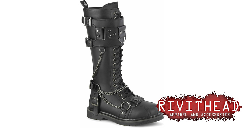 BOLT-415 Black Knee High Chained Combat Boots